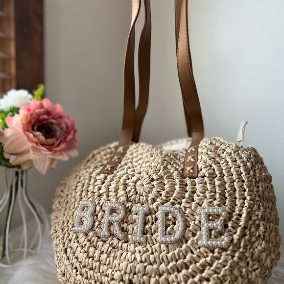 Bags | Beige Bride Straw Tote Bag Women New Letter Bag Bachelorette ...